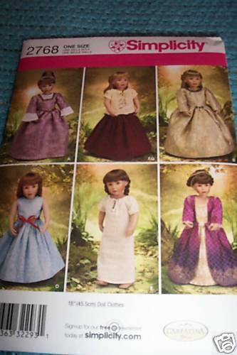 SIMPLICITY 18” CARPATINA RENAISSANCE DOLL CLOTHES PATTERN 2768 FROM 2008