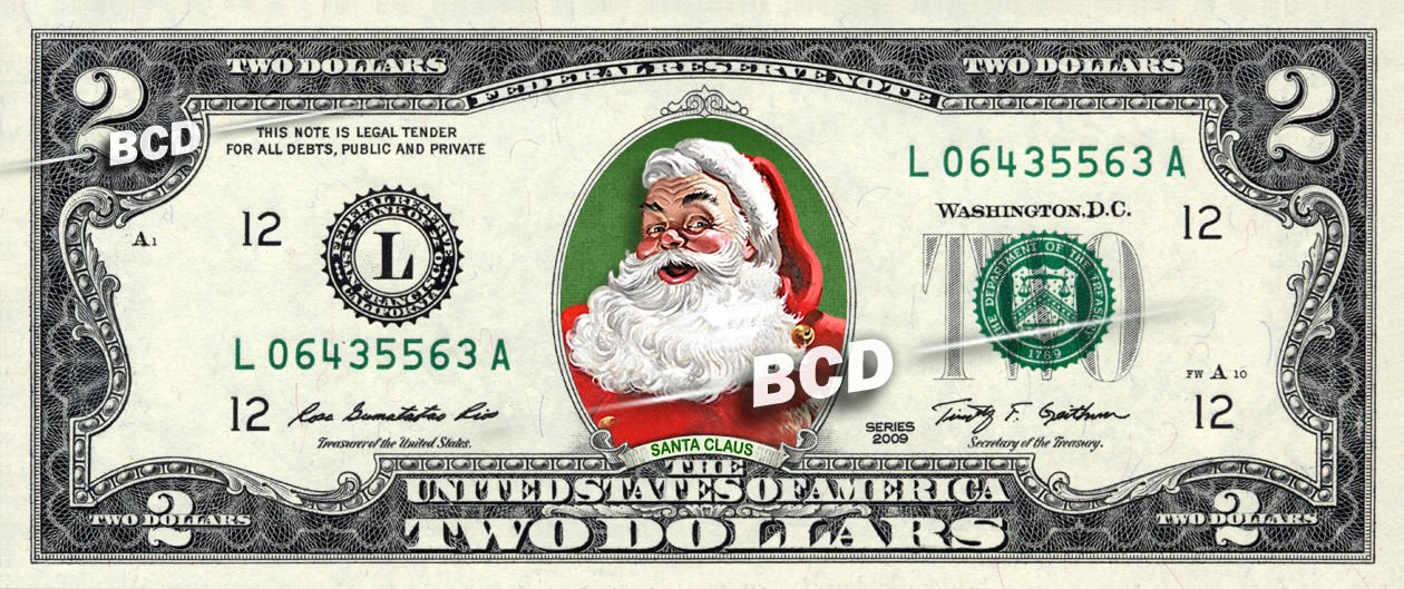 SANTA CLAUS REAL $2 Dollar Bill Cash Money Colorized Collectible Merry ...