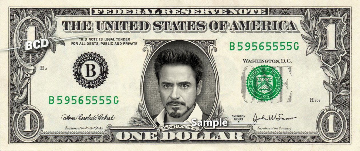 ROBERT DOWNEY JR Iron Man on REAL Dollar Bill Cash Money Bank Note ...