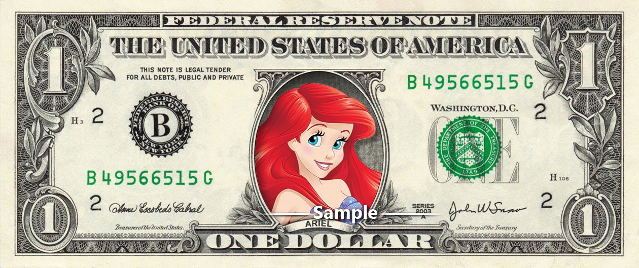 ARIEL Princess on a REAL Dollar Bill Disney Cash Money Collectible ...