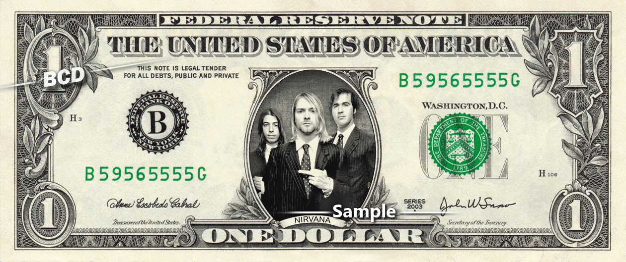 NIRVANA band on REAL Dollar Bill Cash Money Bank Note Currency Celebrity