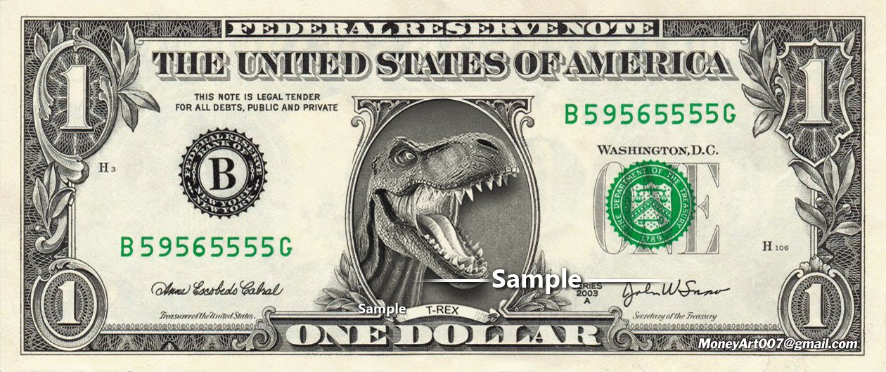 Tyrannosaurus T Rex on REAL Dollar Bill Cash Money Dinosaur Collectible ...