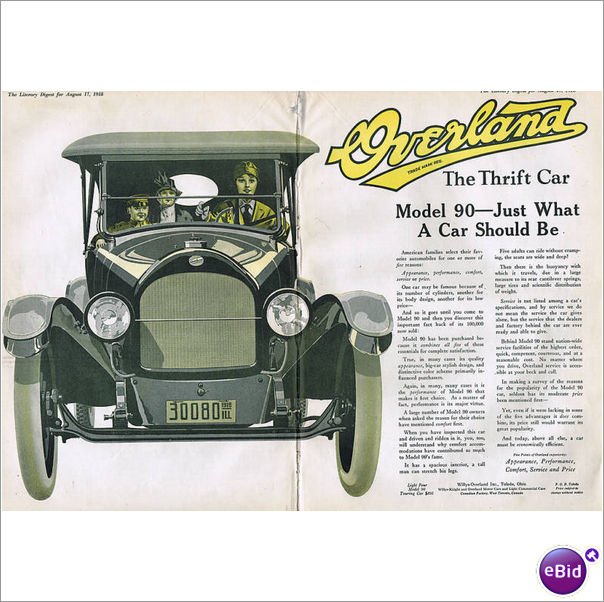 Overland Model 90 Automobile 1918 double page color ad E113