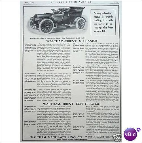 Waltham Orient mechanism automobile 1905 full page ad E172