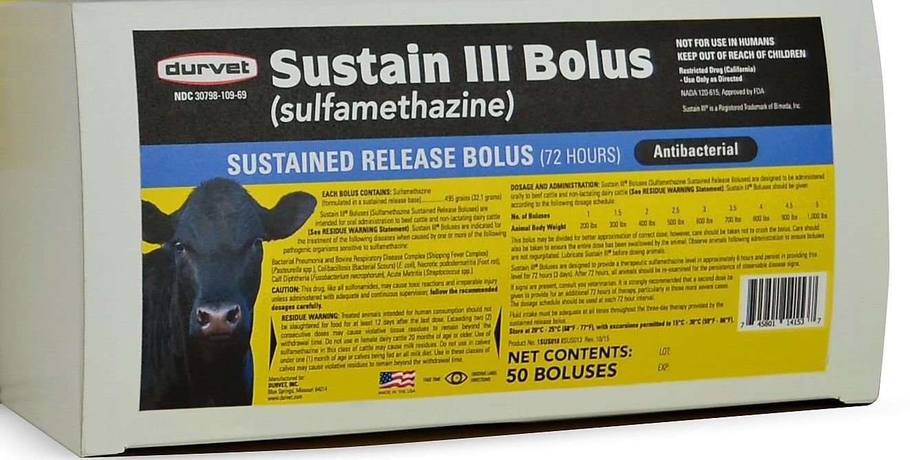 Sustain III Cattle Cow Bolus 50ct (sulfamethazine) Pneumonia Scours Ecoli