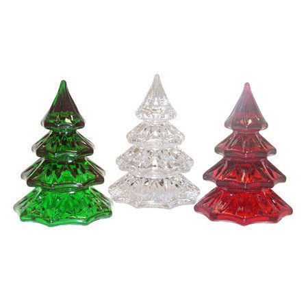 Waterford Crystal Set Three Miniature Christmas Tree Trees Red Green ...