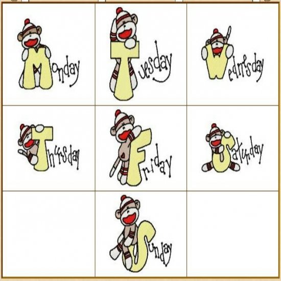Days of the Week Sock Monkey Embroidery Designs 4x4 Hoop