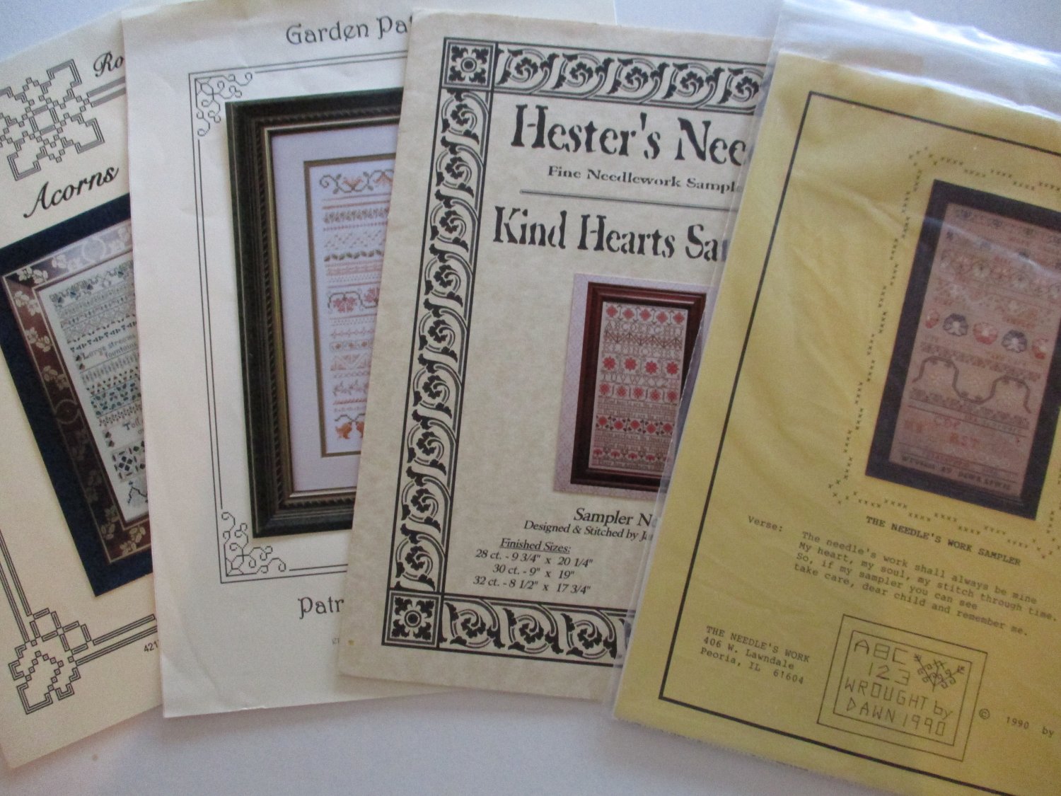Lot of 4 Cross Stitch Band Samplers- Acorns, Garden Paths, Kind Hearts ...