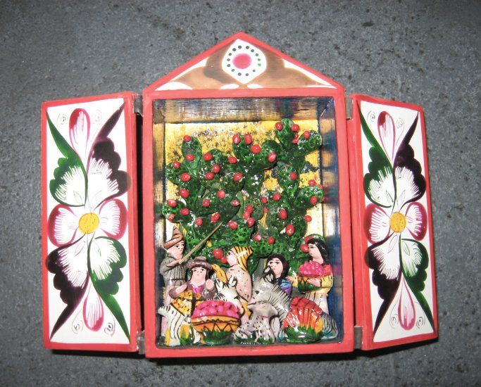 Hand Crafted Retablo Box, Family, Animals, and Apple Tree #2
