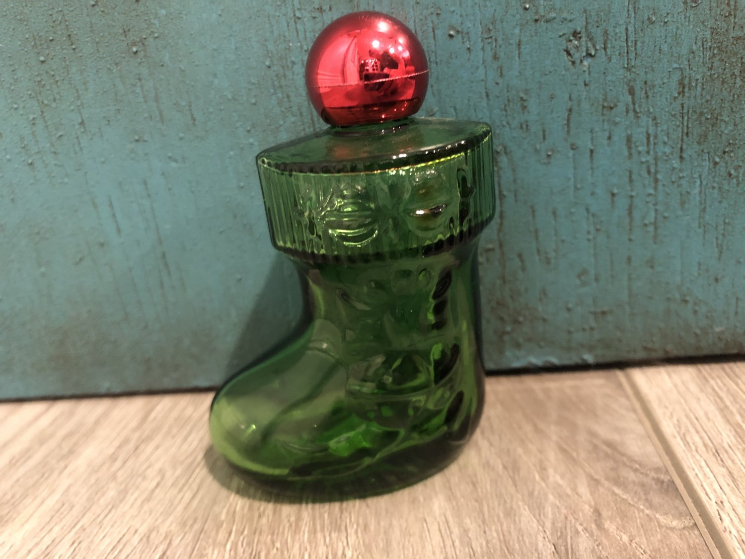 Retro Avon Perfume Bottle, Green Glass Boot Red Ball Top #3