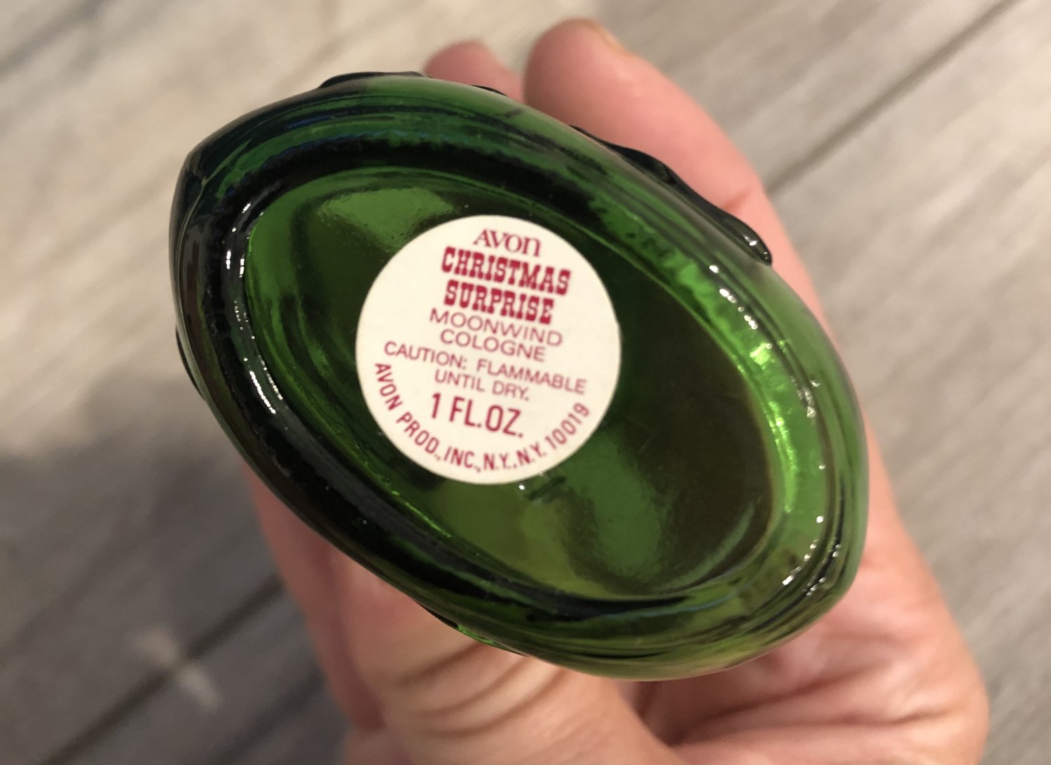 Retro Avon Perfume Bottle, Green Glass Boot Red Ball Top #3