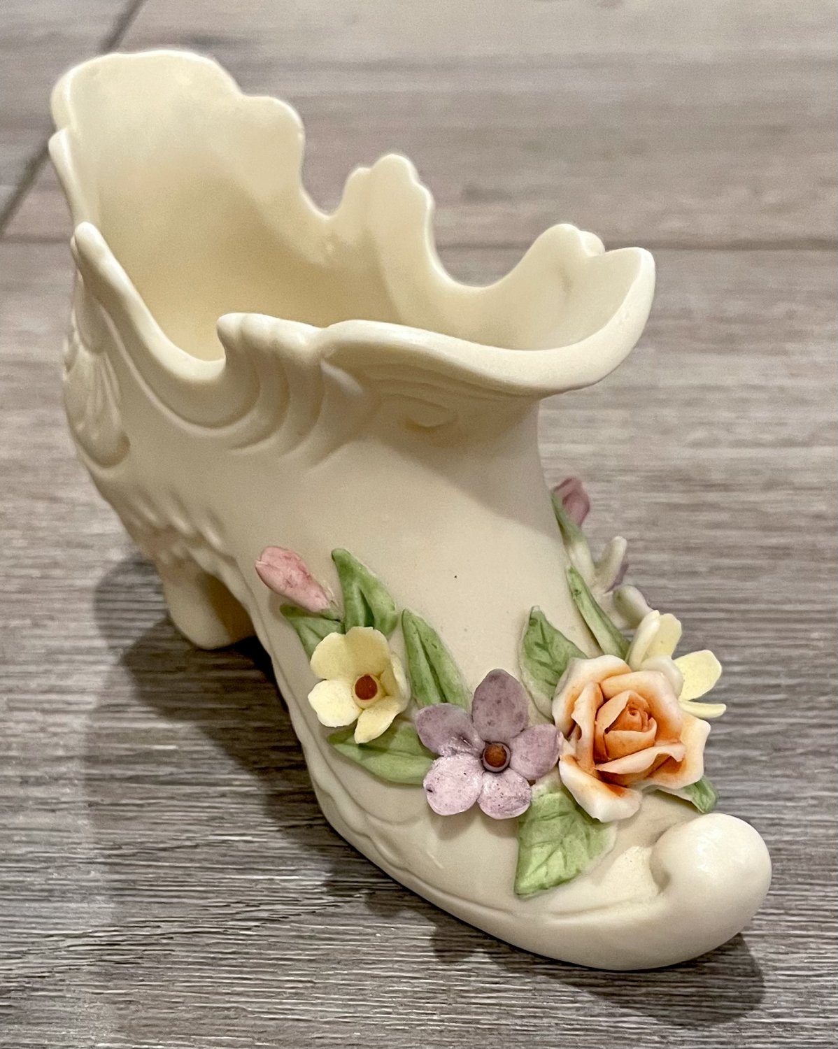 Antique Ivory Shoe, Decorated with Colorful Flowers, Made by Lefton #106