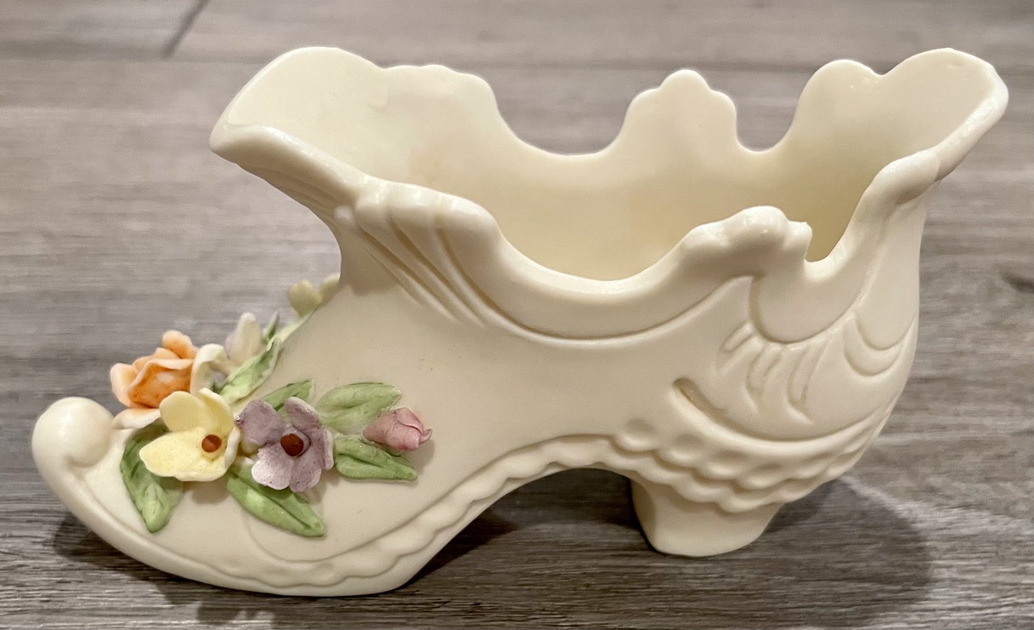 Antique Ivory Shoe, Decorated with Colorful Flowers, Made by Lefton #106