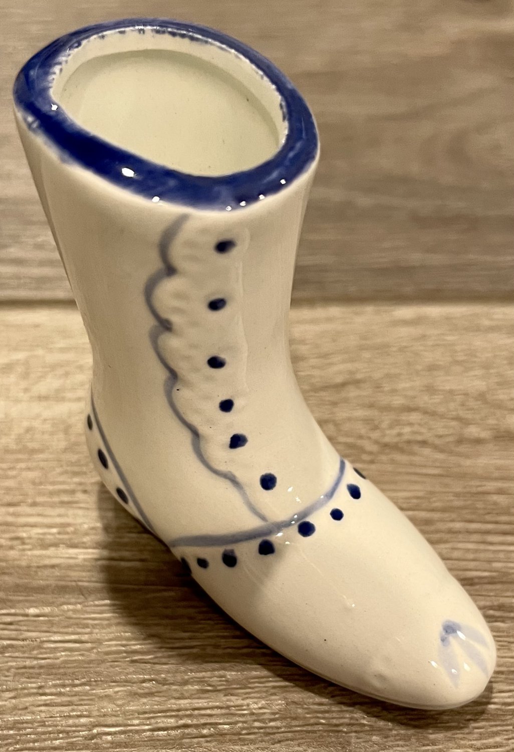 Retro White Miniature Boot with Hand Painted Blue Design #108