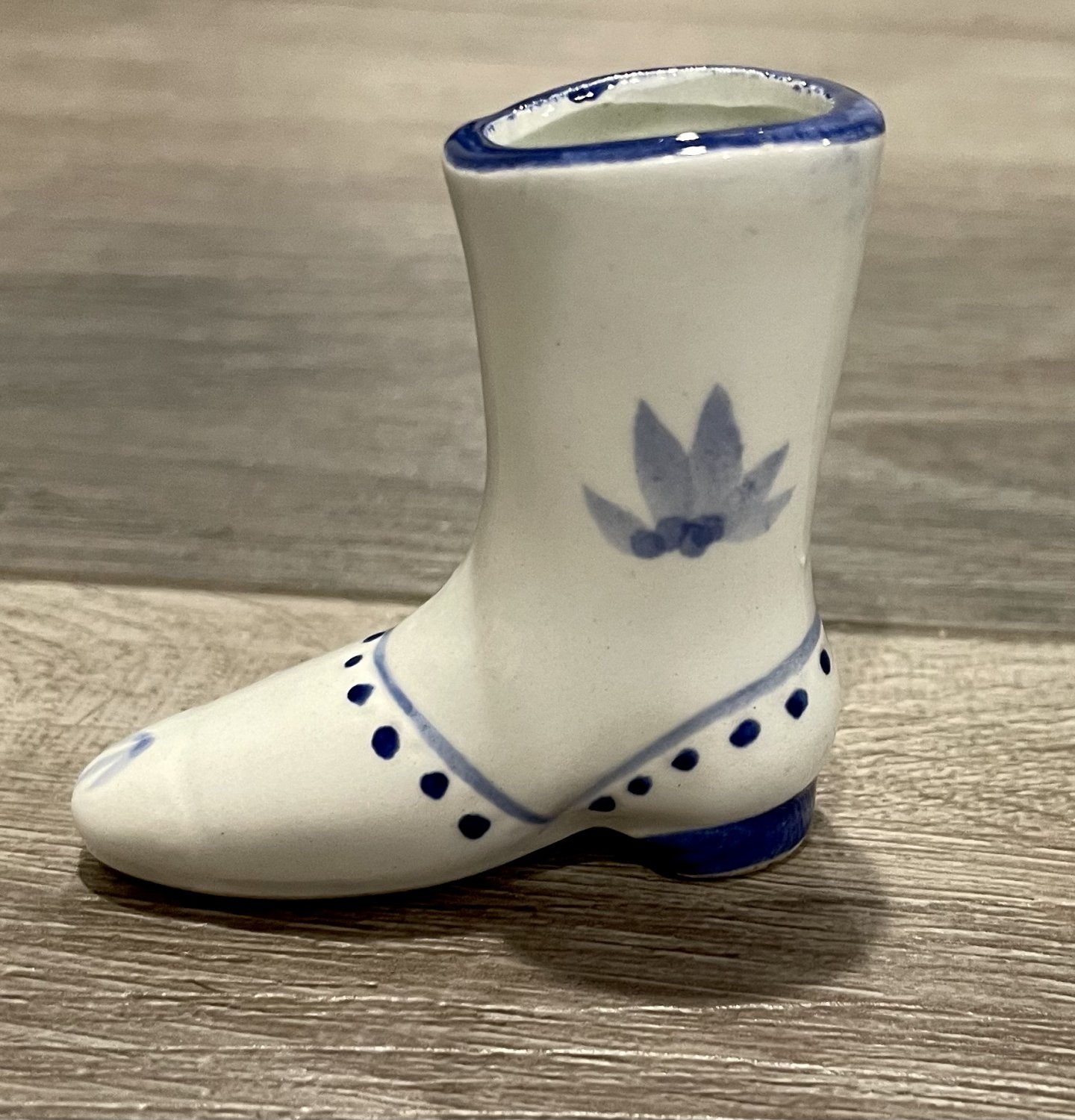 Retro White Miniature Boot with Hand Painted Blue Design #108