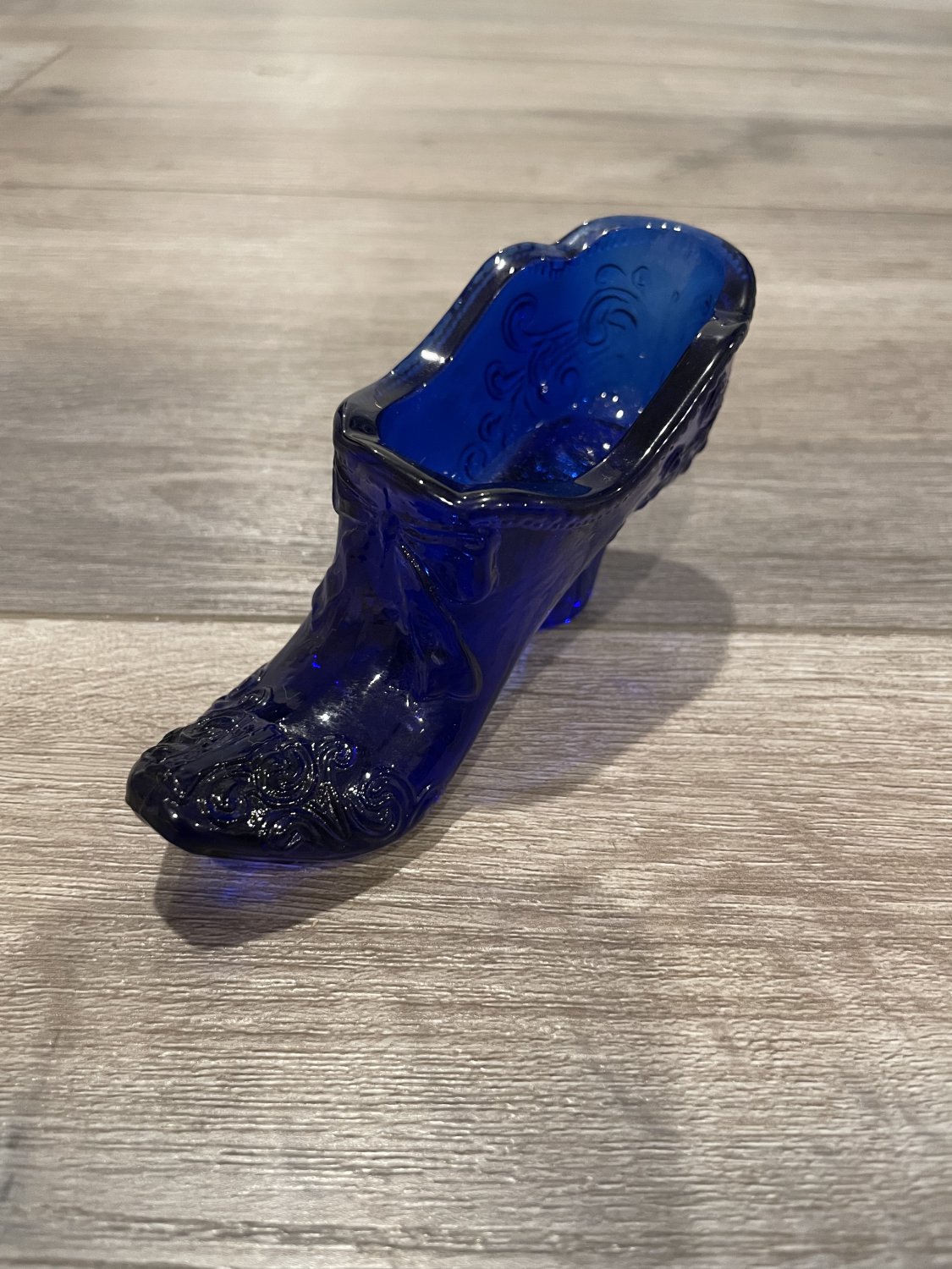 Vintage Cobalt Blue Glass Shoe with Bow Design, Made by Mosser #111