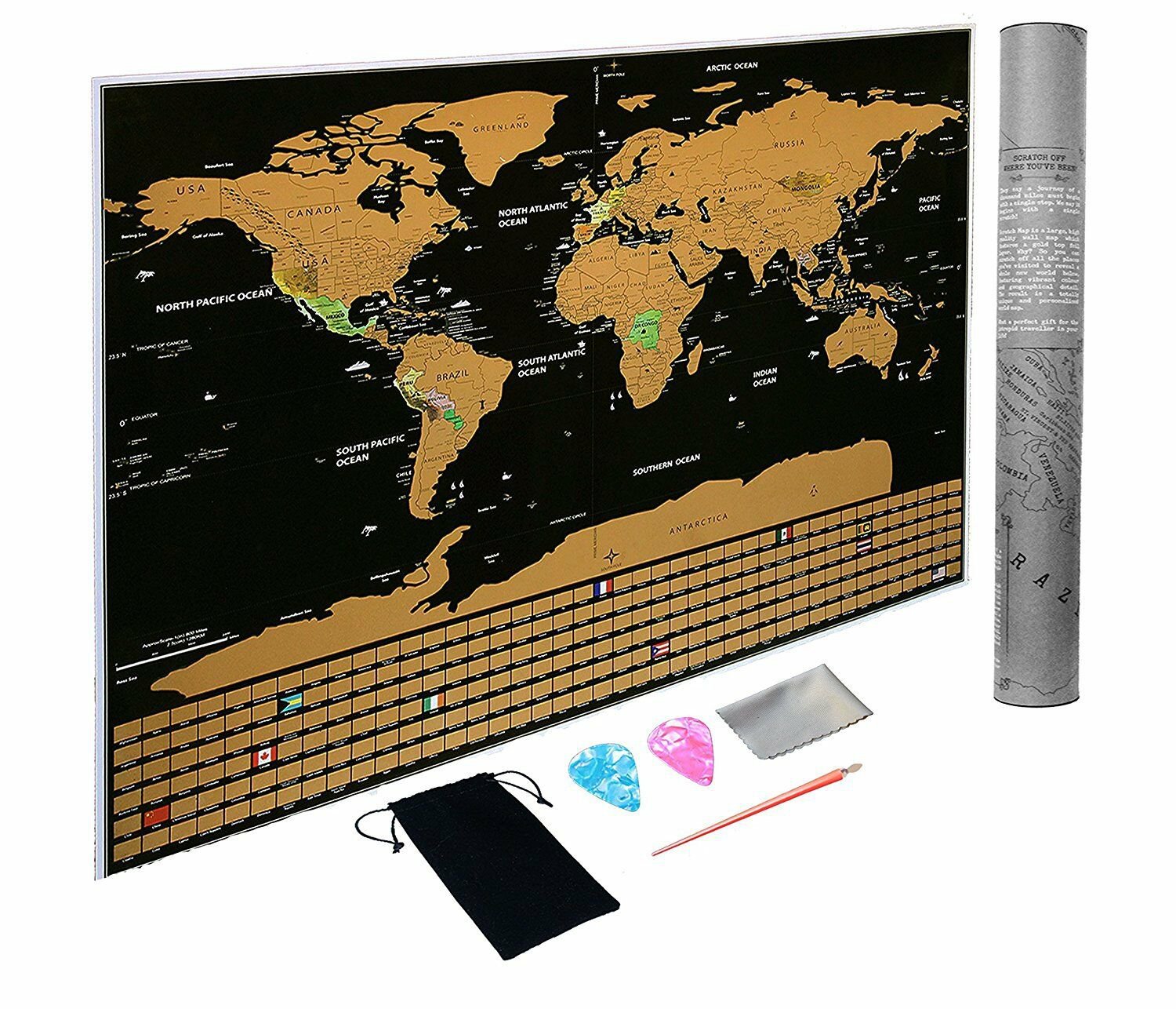 Scratch Off World Map Poster w/ Country Flags US States Outlined, 32.4 ...