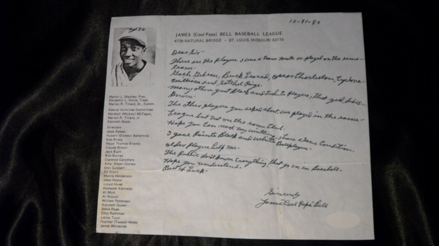 VERY RARE James "Cool Papa" Bell HAND WRITTEN LETTER AUTOGRAPH JSA ...