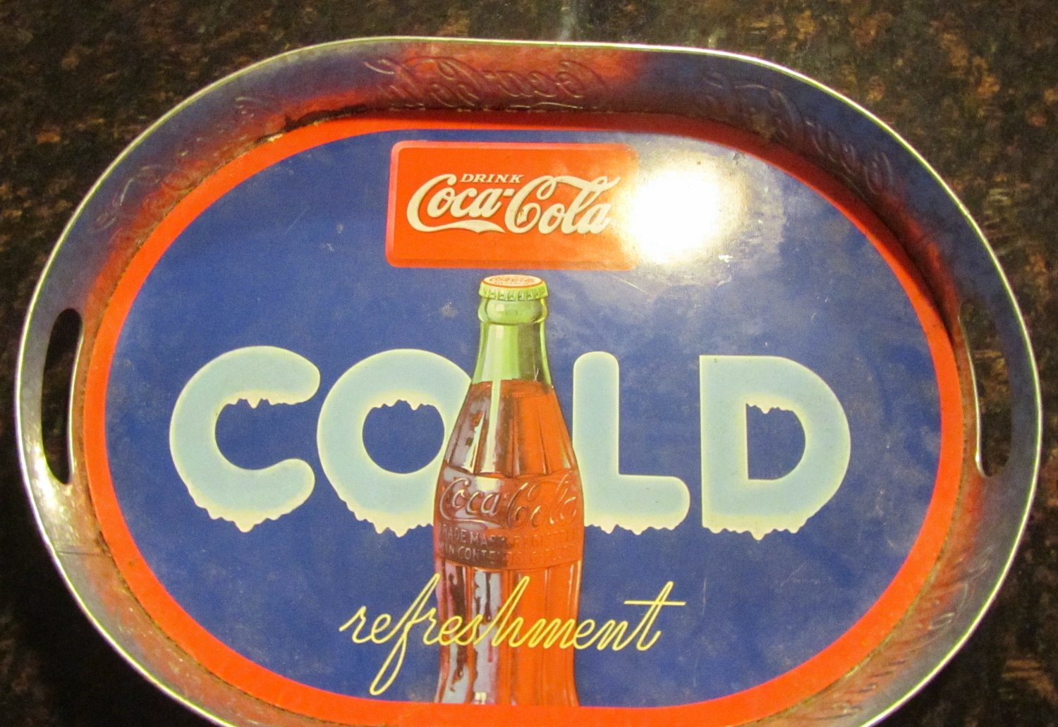 DRINK COCA-COLA Cold Refreshment bottle OVAL TIN TRAY with handles