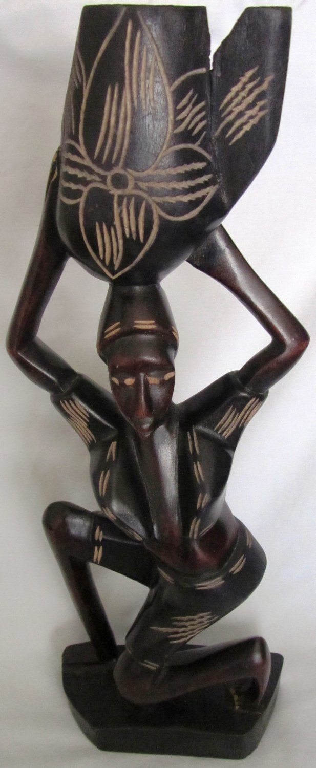 FOLK ART DOMINICAL REPUBLIC CARVED WOOD SCULPTURE FIGURINE WOMAN ...