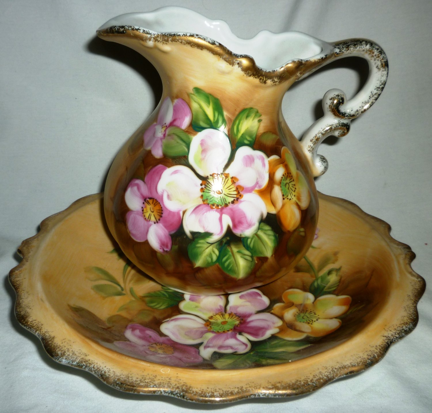 VINTAGE ARDCO JAPAN CHINA PITCHER & BASIN BOWL HANDPAINTED FLOWERS C2100