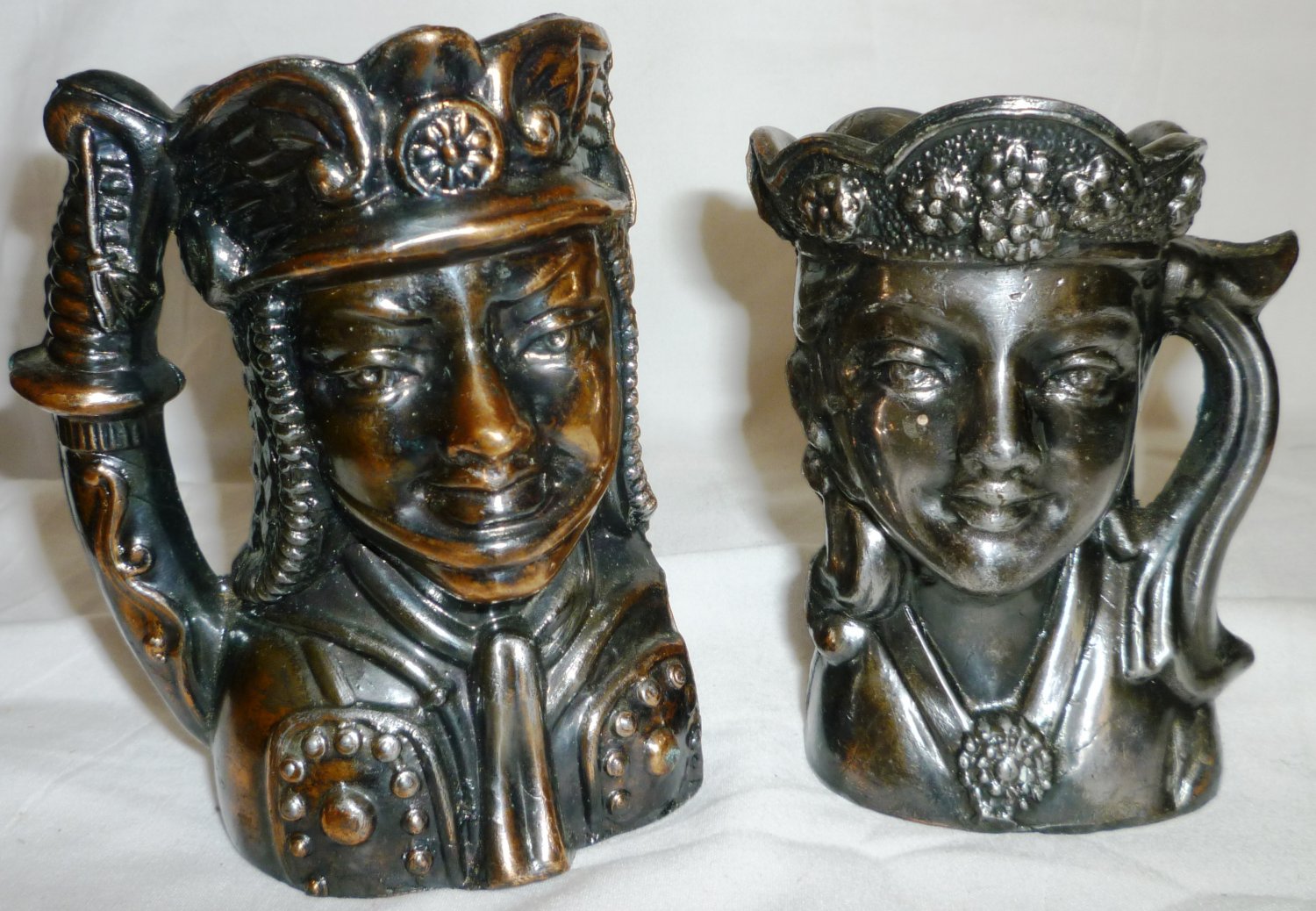 UNIQUE VINTAGE PEWTER BRONZE TOBY HEAD FIGURAL MUGS SET OF 2 KNIGHT ...