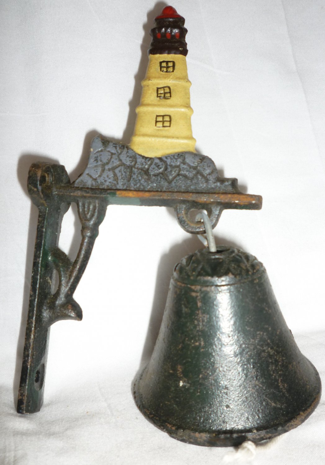 VINTAGE CAST IRON WALL MOUNT BELL PAINTED LIGHTHOUSE