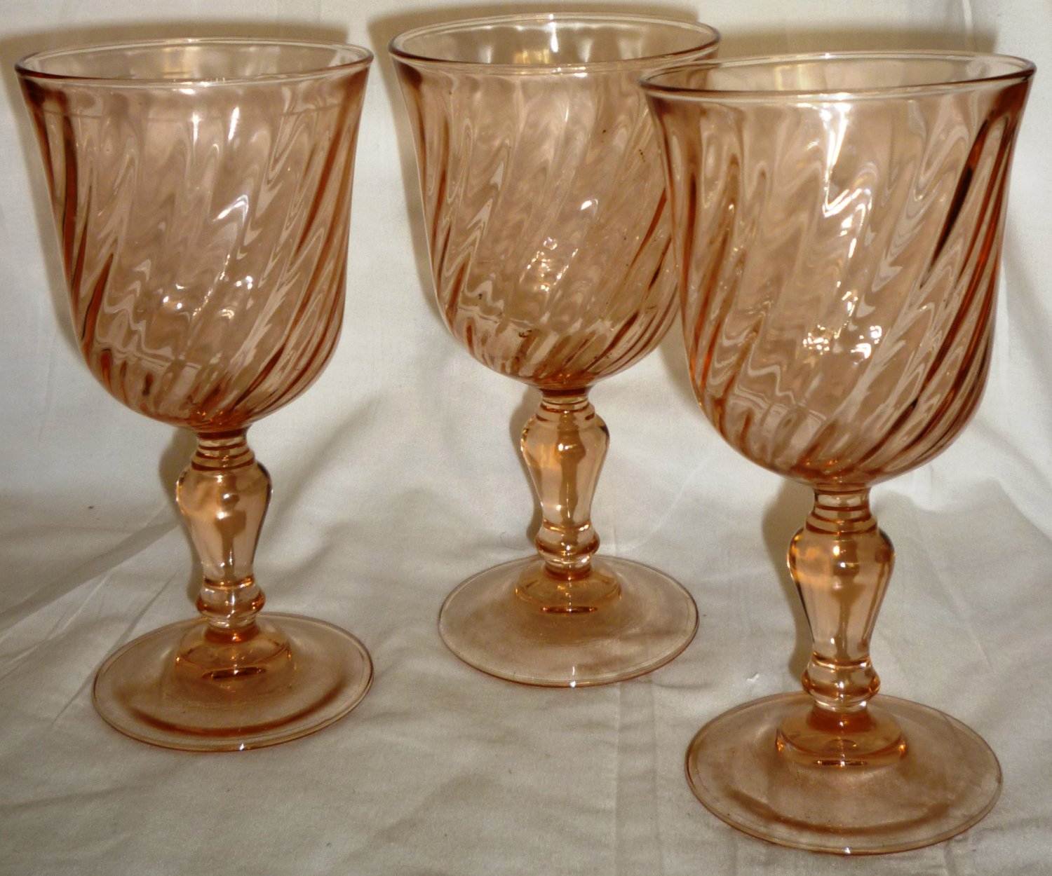 VINTAGE PINK PEACH SWIRL GLASS GOBLET STEMMED WINE GLASSES SET OF 3 FRANCE