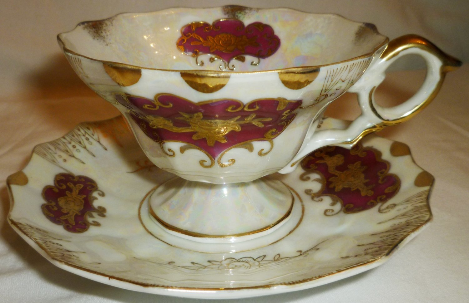 VINTAGE ANTIQUE CROWN LEFTON JAPAN HANDPAINTED BURGUNDY GOLD TEA CUP ...