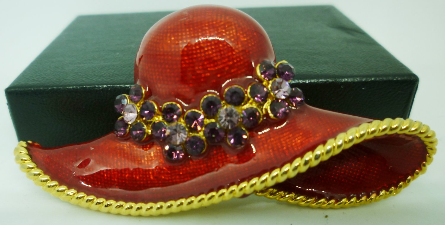 BEAUTIFUL ENAMEL ON BRASS RED HAT WITH RHINESTONES BROOCH PIN PENDANT
