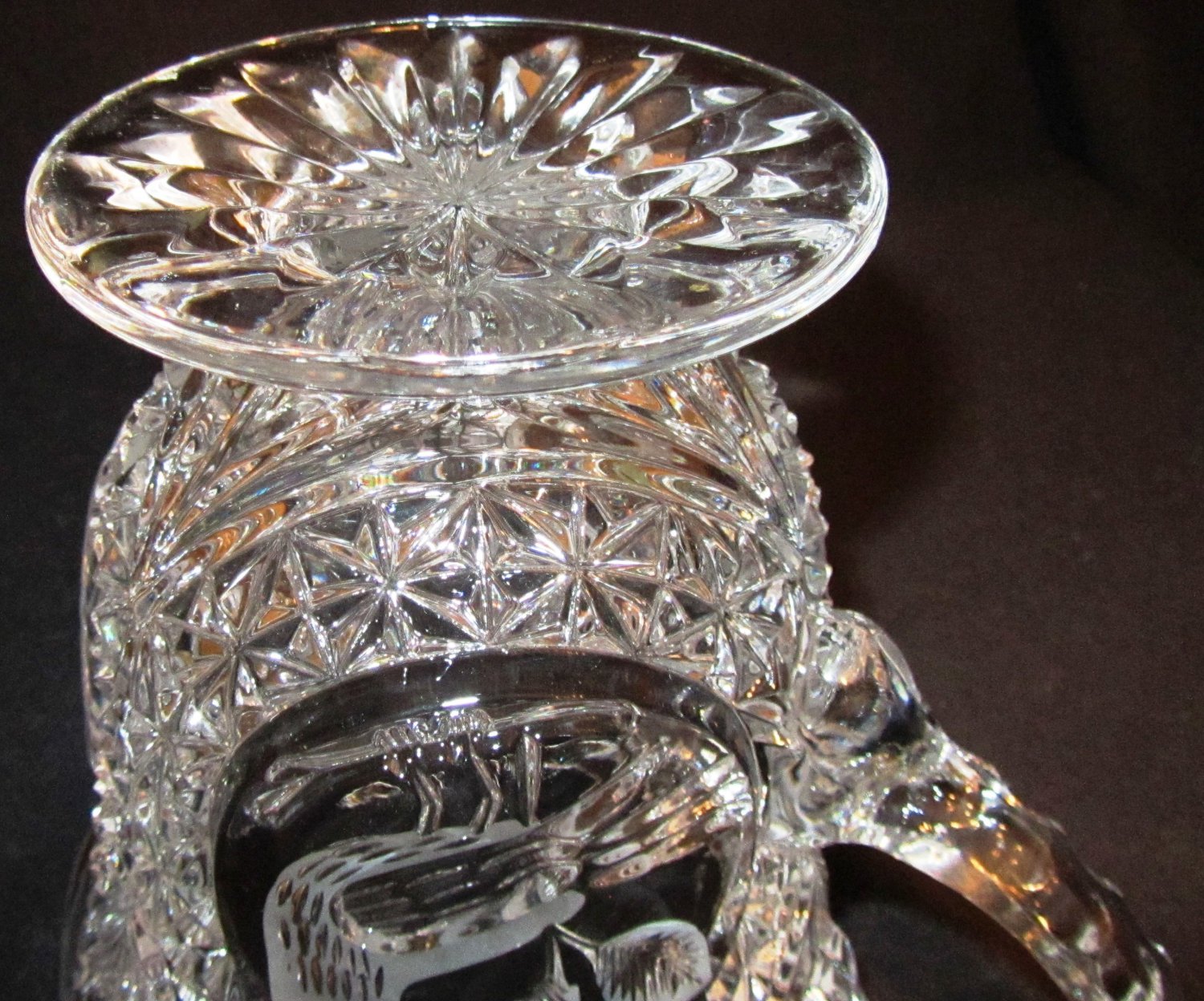 VINTAGE HOFBAUER GERMANY BYRDES COLLECTION CUT CRYSTAL ETCHED BIRD PITCHER