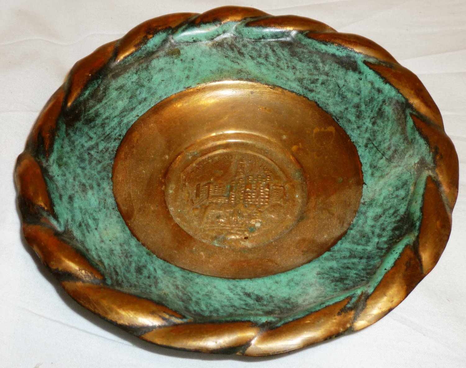 VINTAGE COPPER TIN GREEN ENAMEL JERUSALEM ISRAEL DECORATIVE BOWL PLATE