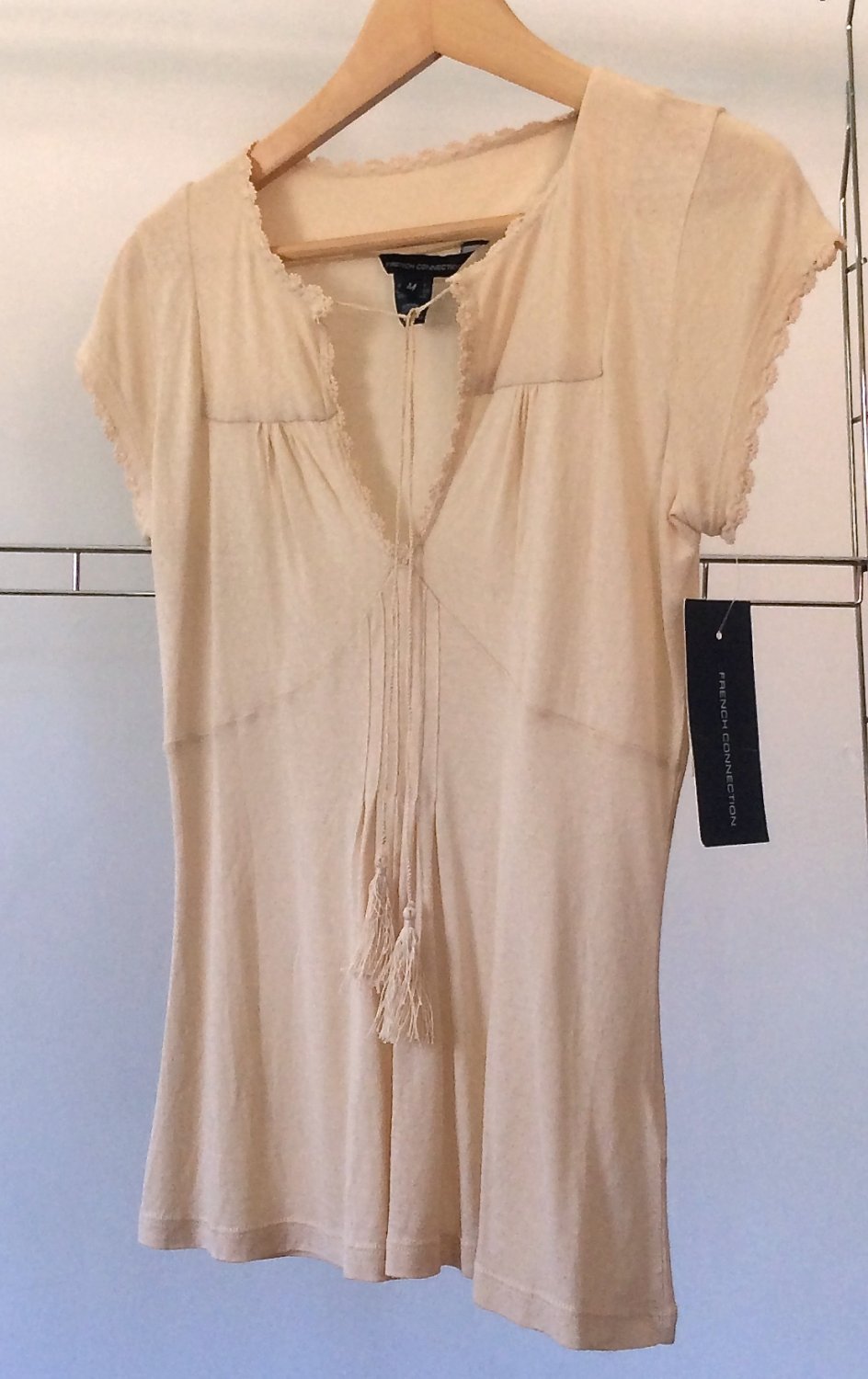 Vintage French Connection Popover Tassel Top Beige Blush Y2K