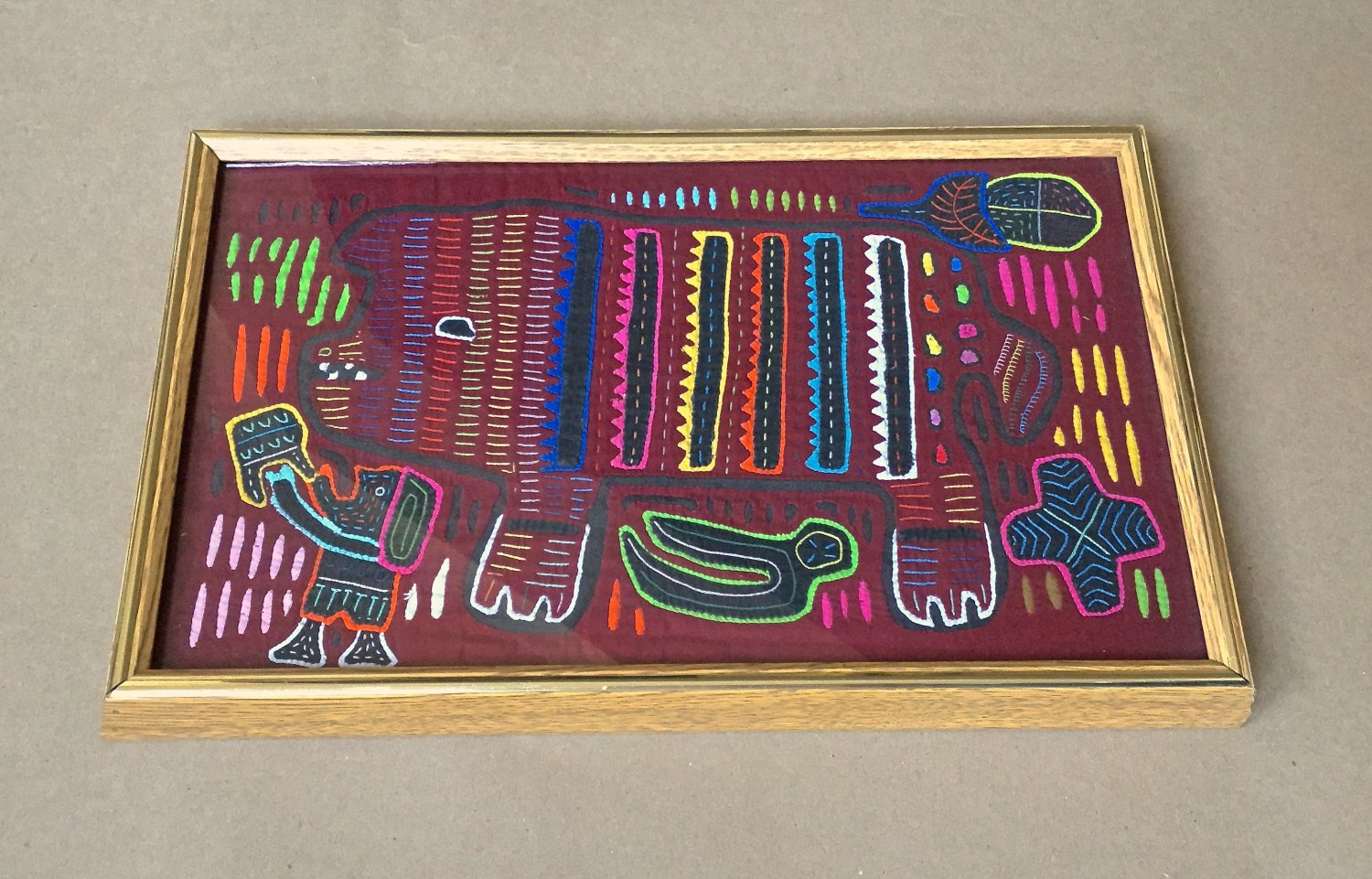 Vintage Pig Mola Colorful Hand Sewn Textile Art from Panama