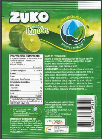 Zuko Limon (Lime) Drink Mix, Packets Make 2 Liters (Pack of 12)