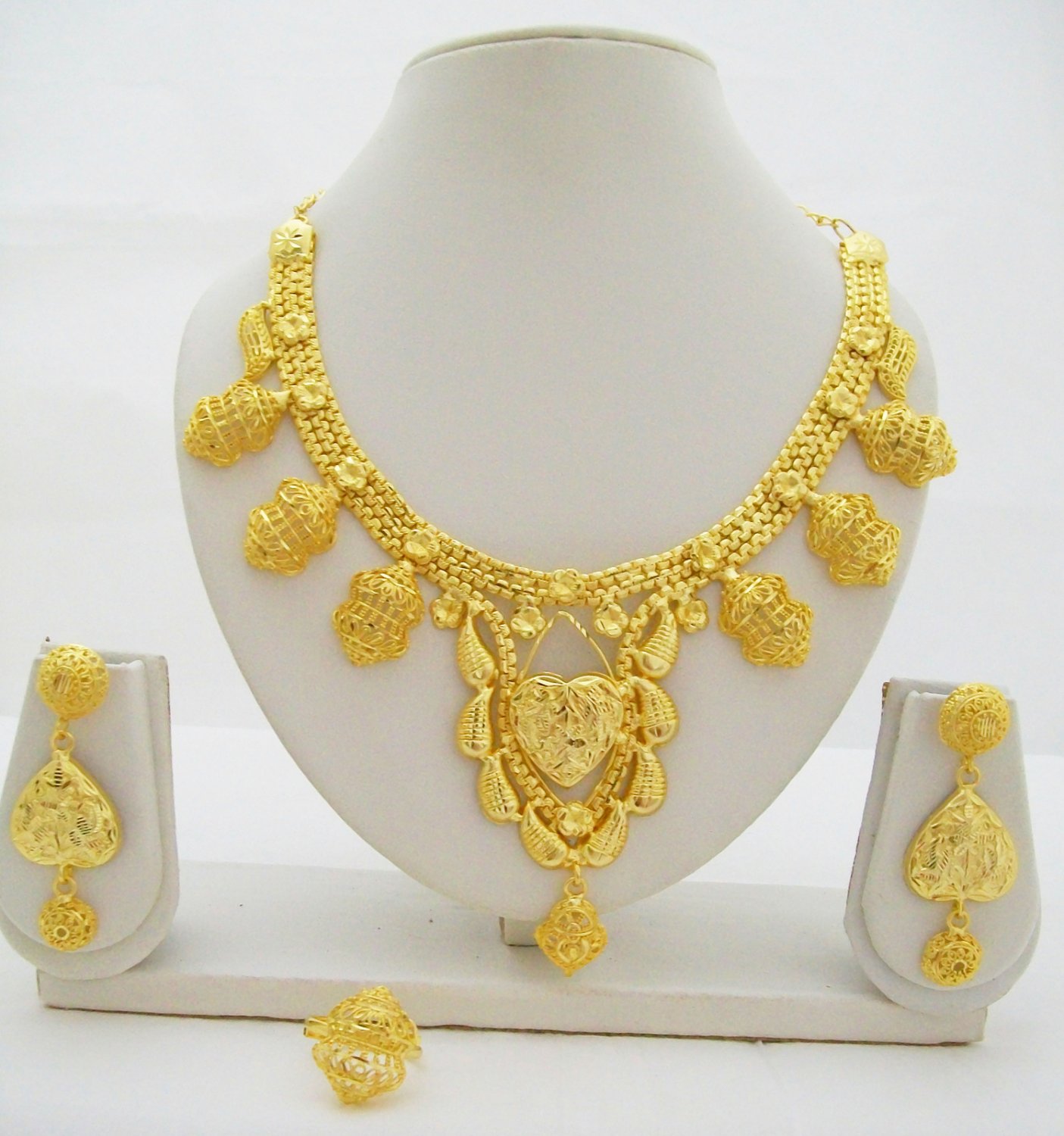 Retro Filigree Gold Plated Necklace Earring Ring Jewelry Set