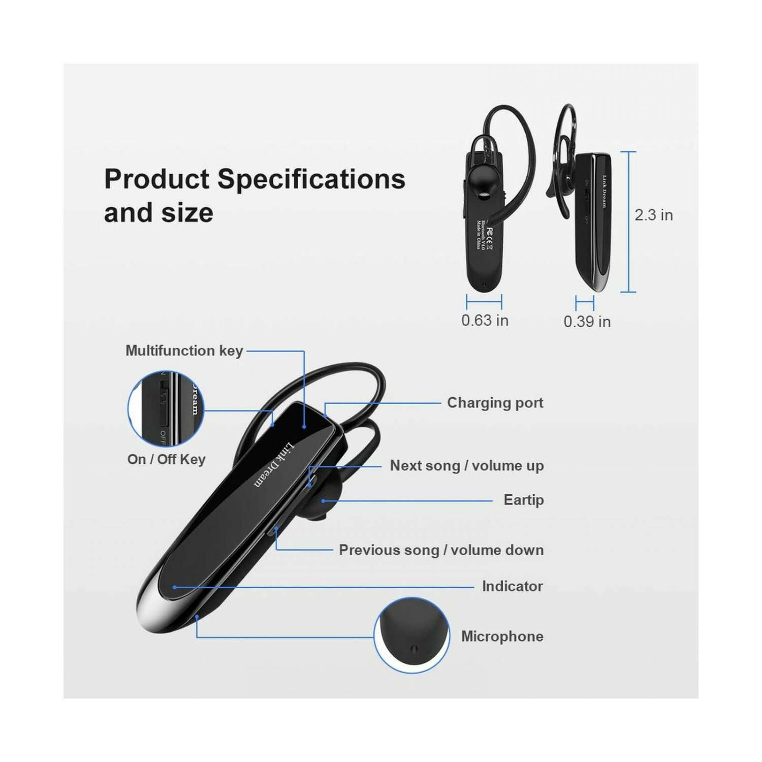 Bluetooth Earpiece Link Dream Wireless Headset with Mic 24Hrs Talktime ...
