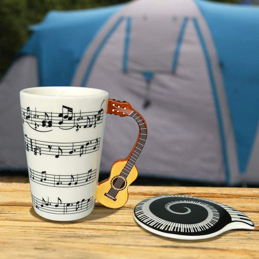 Mug Cup + Coaster With Guitar Handle And Art Musical Notes Holds 13.5 ...