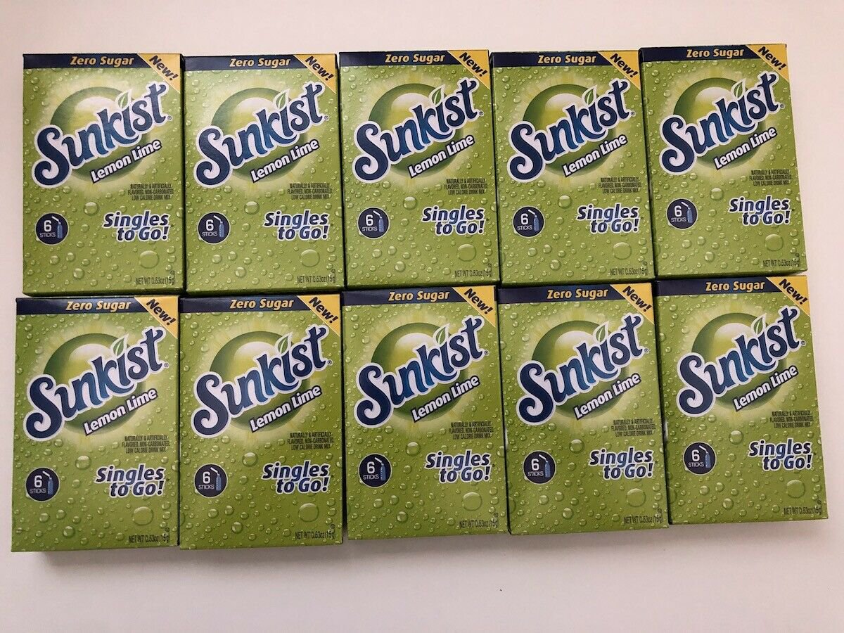 10 BOXES OF New Zero Sugar Sunkist Lemon Lime Singles To Go