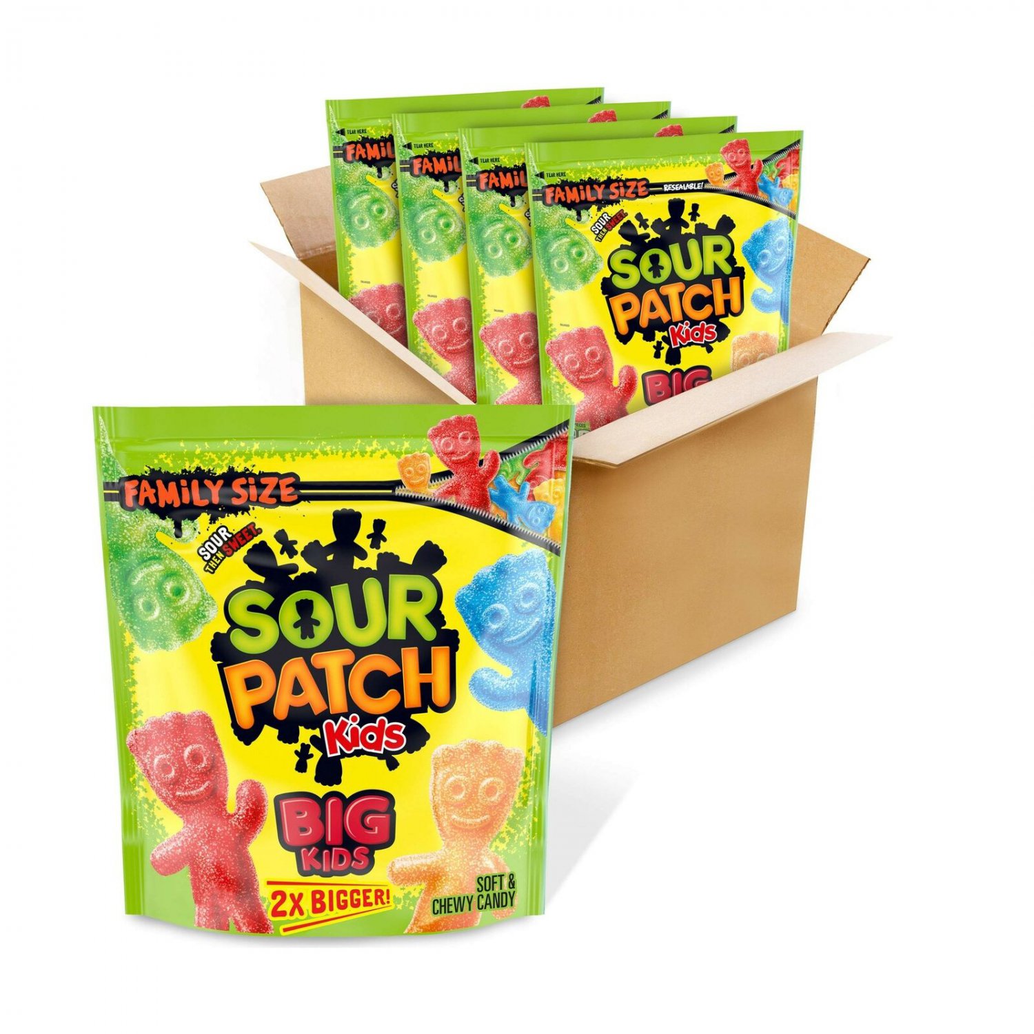 SOUR PATCH KIDS Big Soft & Chewy Candy, Family Size, 4 - 1.7 lb Bags