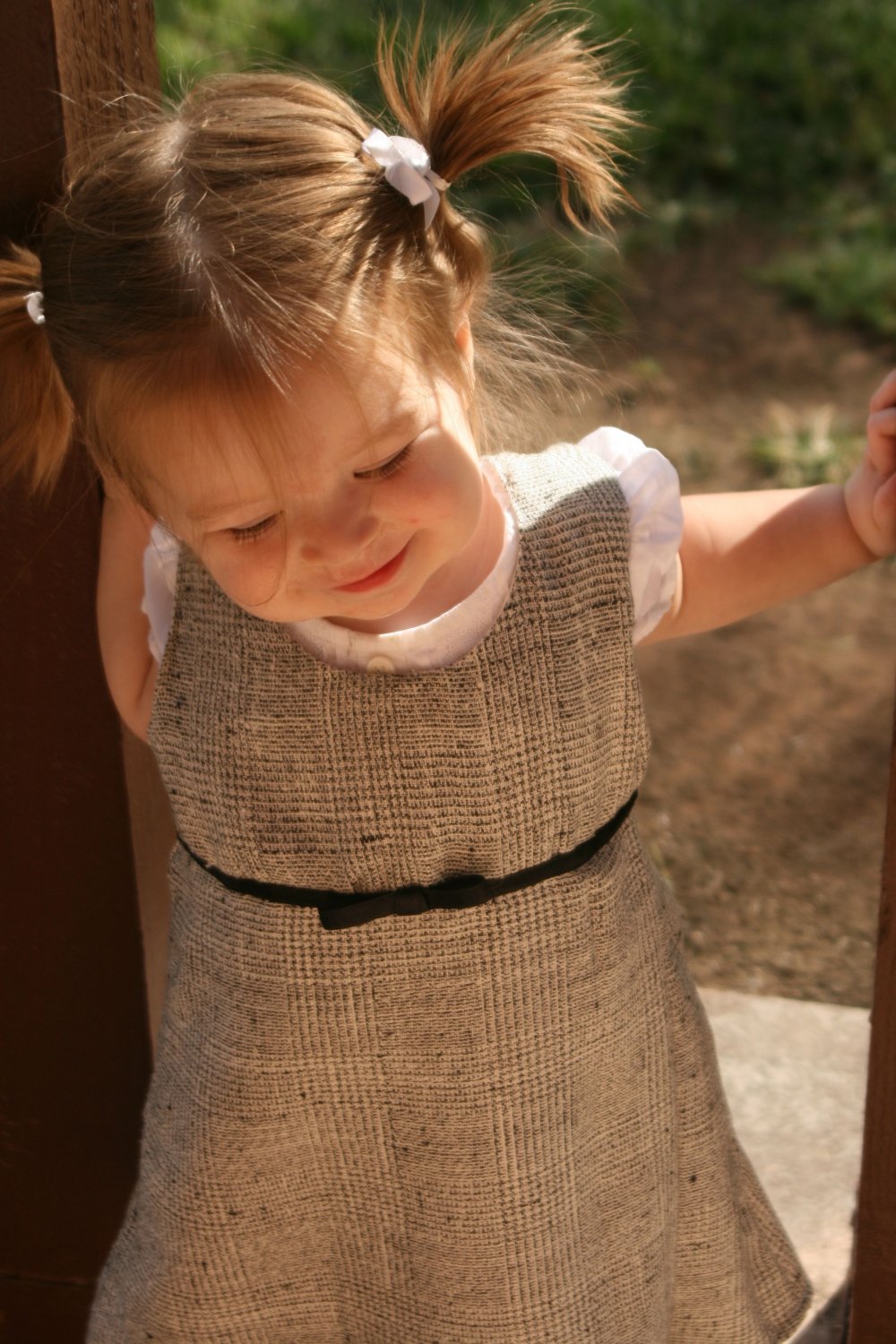 Classic Tweed Pinafore Dress with Covered Buttons and Black Satin Bow