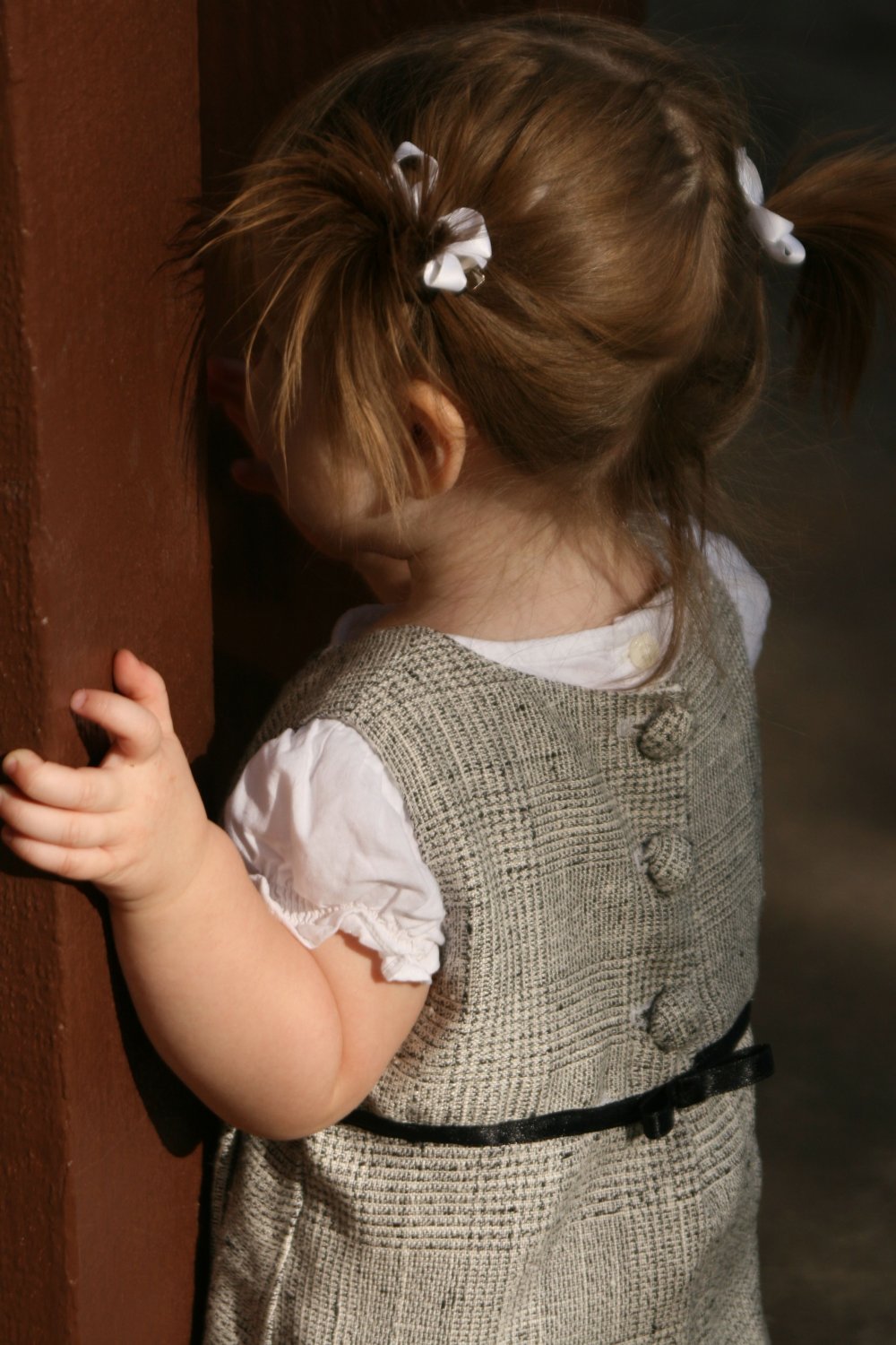 Classic Tweed Pinafore Dress with Covered Buttons and Black Satin Bow