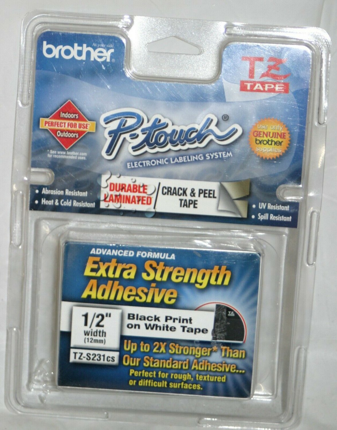 Brother TZ-S231cs 1/2" 12mm Black White P-TZ Tape Label Extra Strength ...