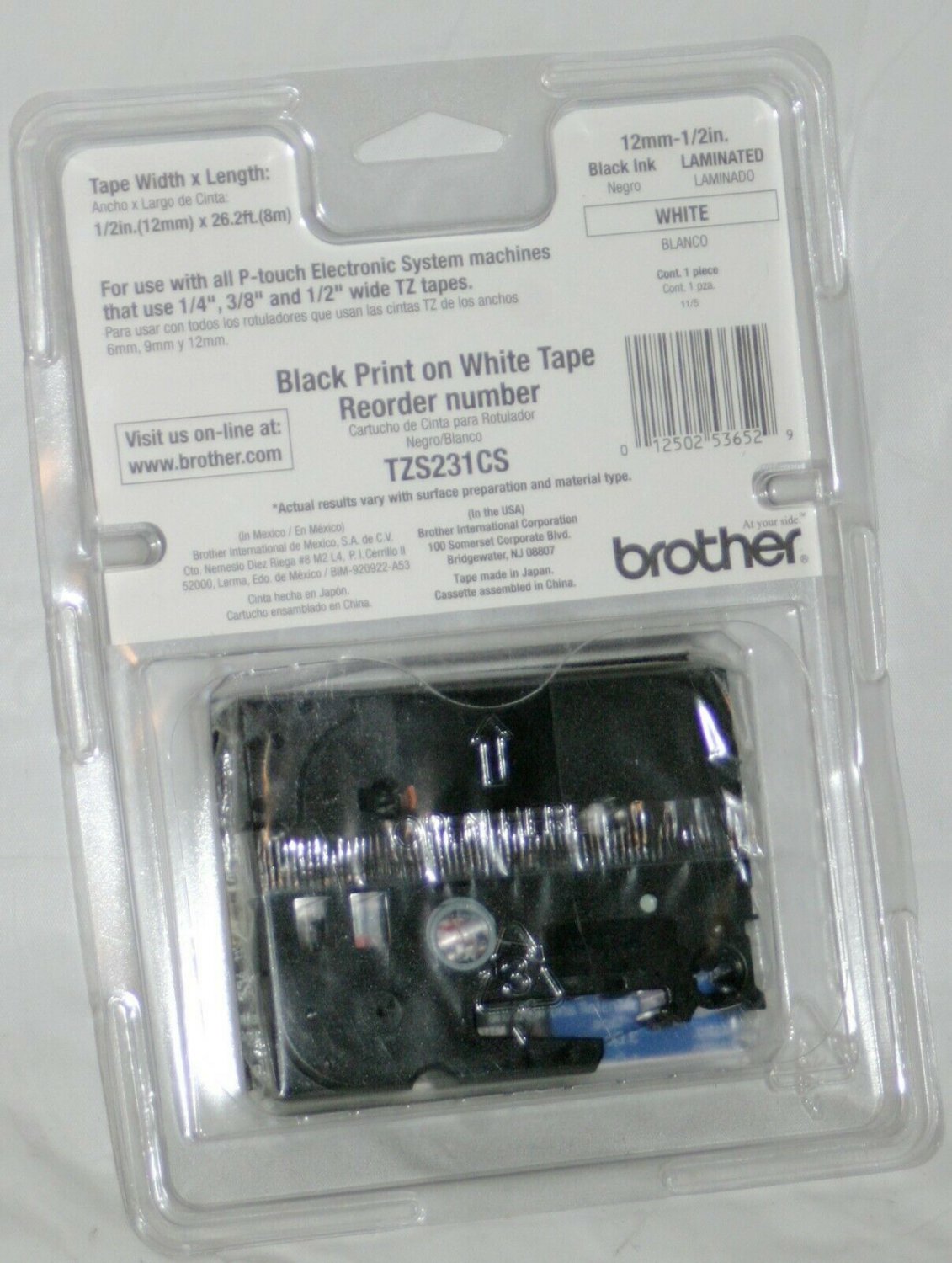 Brother TZ-S231cs 1/2" 12mm Black White P-TZ Tape Label Extra Strength ...