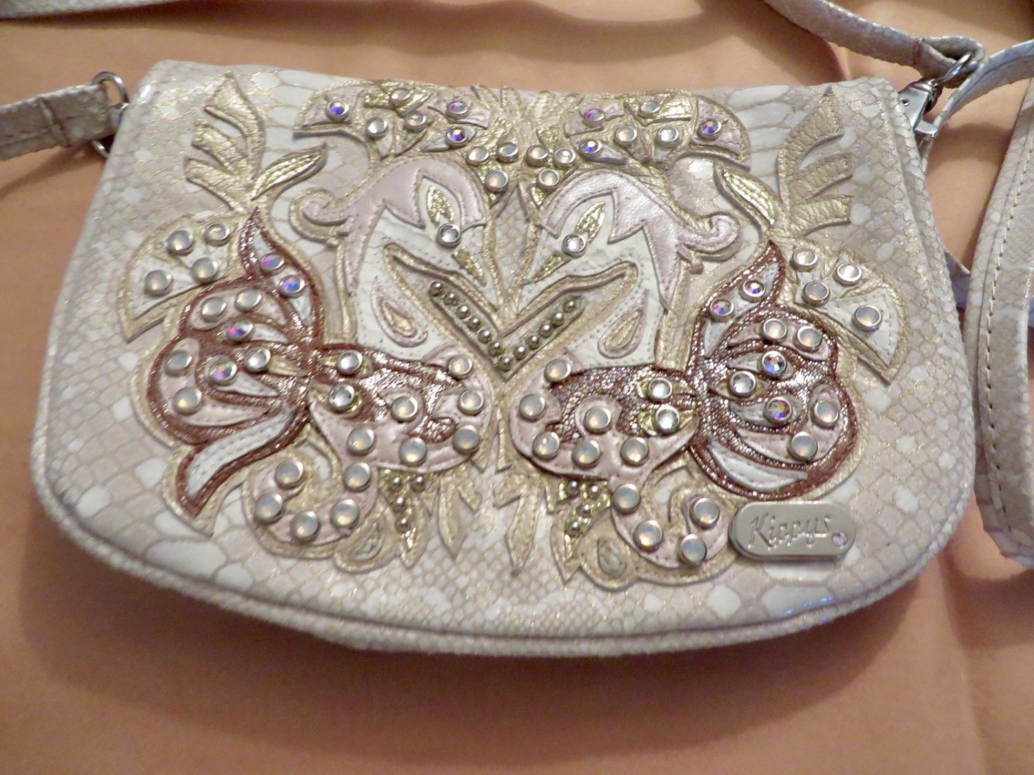KIPPYS PURSE BELT POUCH White Gold Pink Crystals BLING Dance Cowgirl Cross
