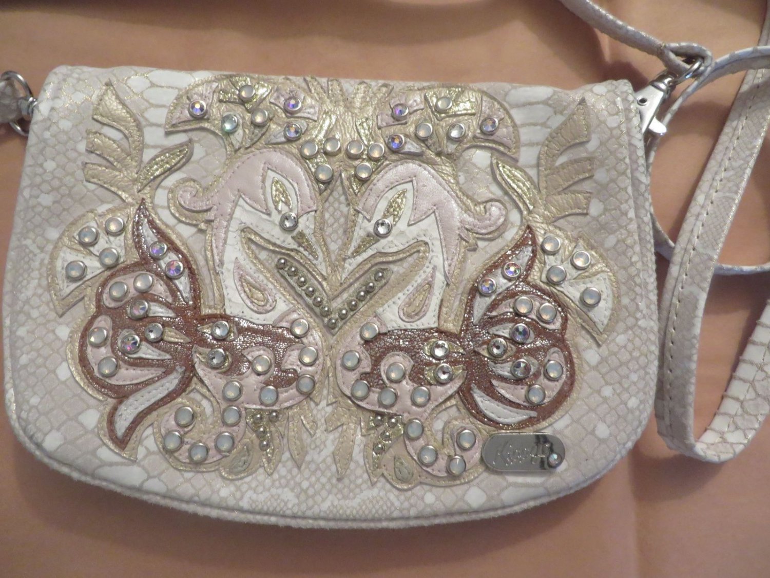 KIPPYS PURSE BELT POUCH White Gold Pink Crystals BLING Dance Cowgirl Cross