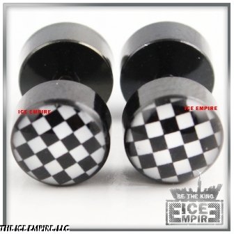 PAIR OF BLACK AND WHITE CHECKERED FLAG FAKE/CHEATER EARRINGS PLUGS 0g ...