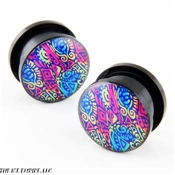 PAIR OF AZTEC PATTERN GUAGE SCREW ON ACRYLIC PLUGS 2G-00G EP005