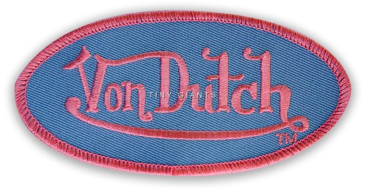 VON DUTCH, SKY BLUE OVAL PATCH WITH PINK LETTERS, WOVEN SEW-ON, 4"x2" INCHES NEW