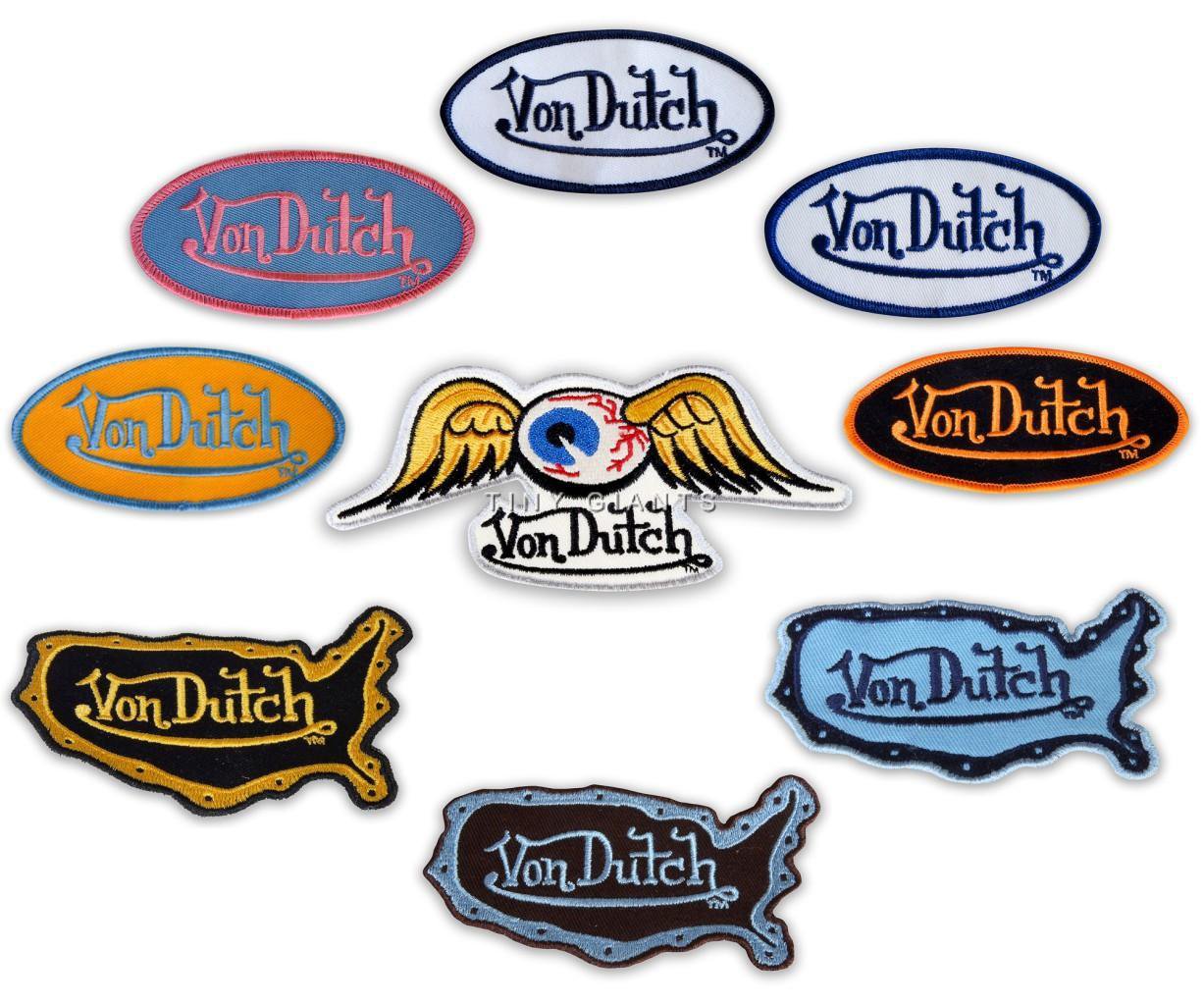 VON DUTCH, SKY BLUE OVAL PATCH WITH PINK LETTERS, WOVEN SEW-ON, 4"x2" INCHES NEW
